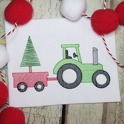 Tractor with Christmas Tree Machine Embroidery Design - Sketch Stitch