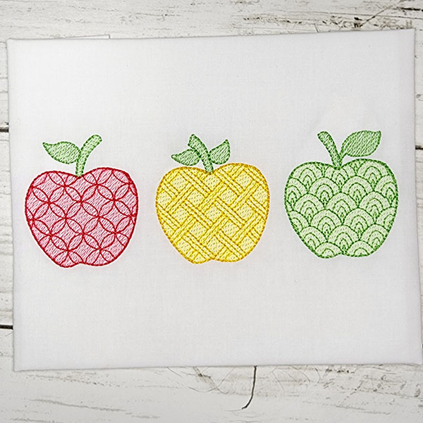 Apple Trio Embroidery Design with Motif Stitch for back to school