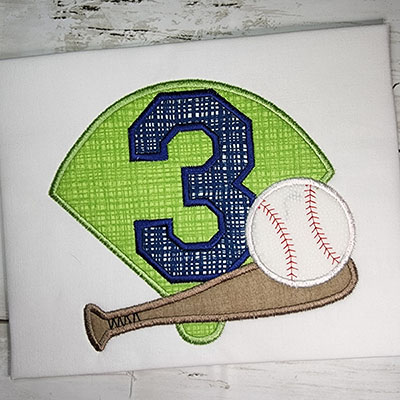 Baseball Number 3 Applique Design, 3rd Birthday Machine Applique Design ...