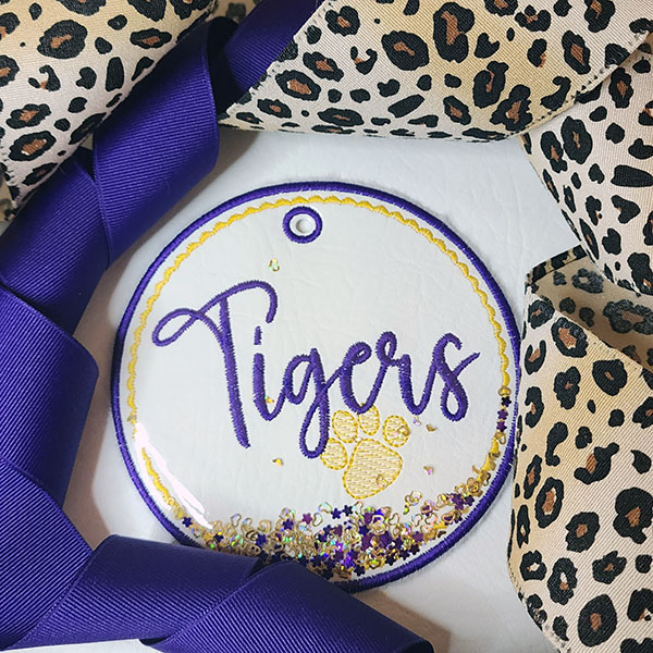 Tigers In the hoop embroidery bag tag with glitter