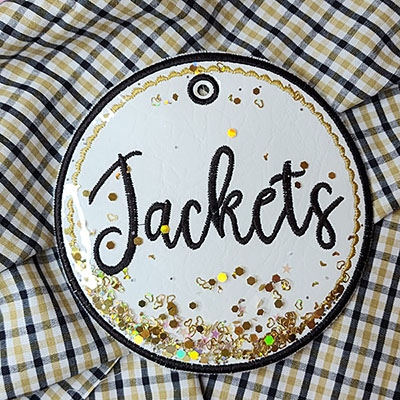 Jackets In the hoop embroidery bag tag with glitter
