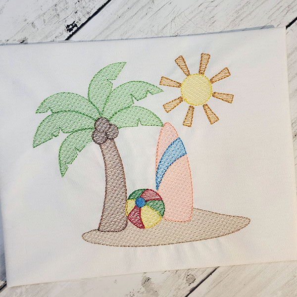 Beach Embroidery Design with Surfboard, Summer Machine Embroidery Design
